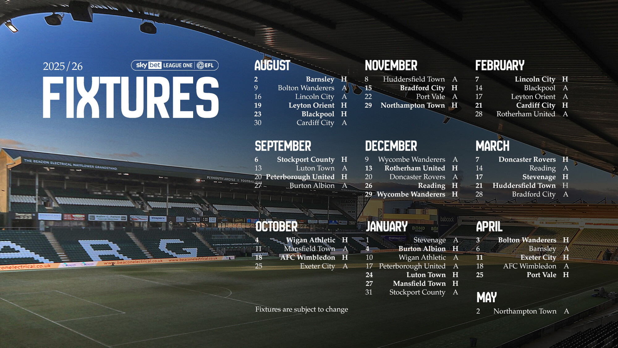 2025/26 Sky Bet League One fixtures released | Plymouth Argyle